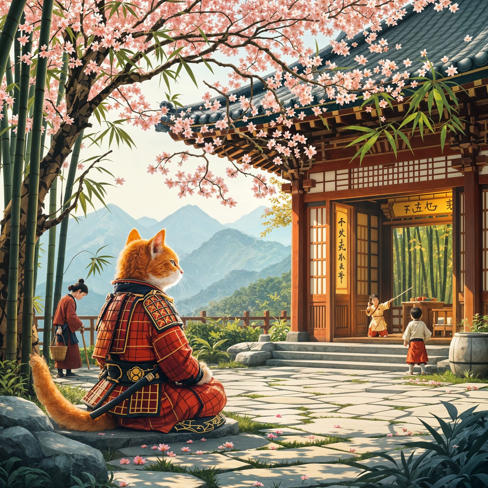 The Samurai Cat - Orange Samurai Cat Meditates in Japanese T...