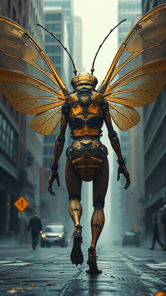 Cicada-Human Hybrid Walks Through Distorted Citysc... - AI Art