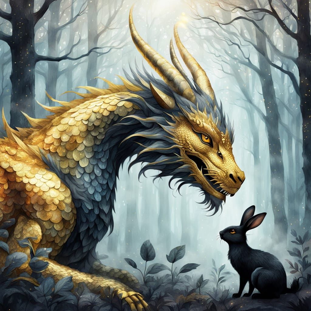 Golden Dragon Sniffs Black Rabbit in Enchanted For... - AI Art