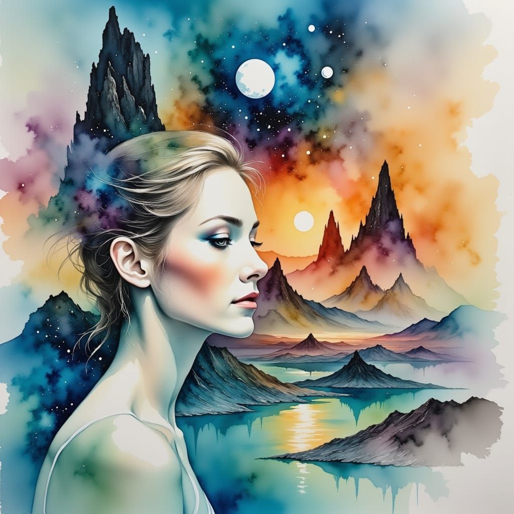 Serene Alien Landscape Portrait in Vibrant Waterco... - AI Art