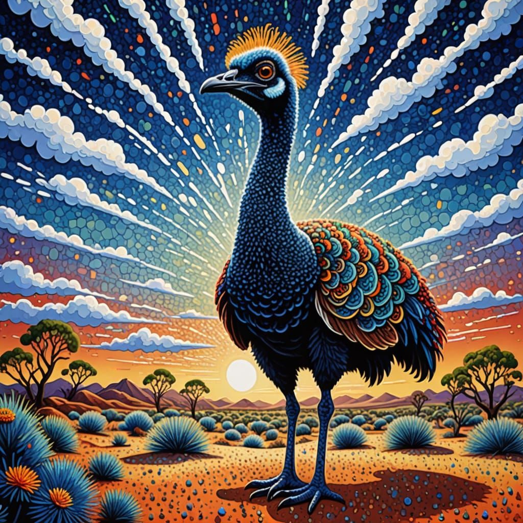 emu - Aboriginal Pointillist Emu in Australian Desert Lands...
