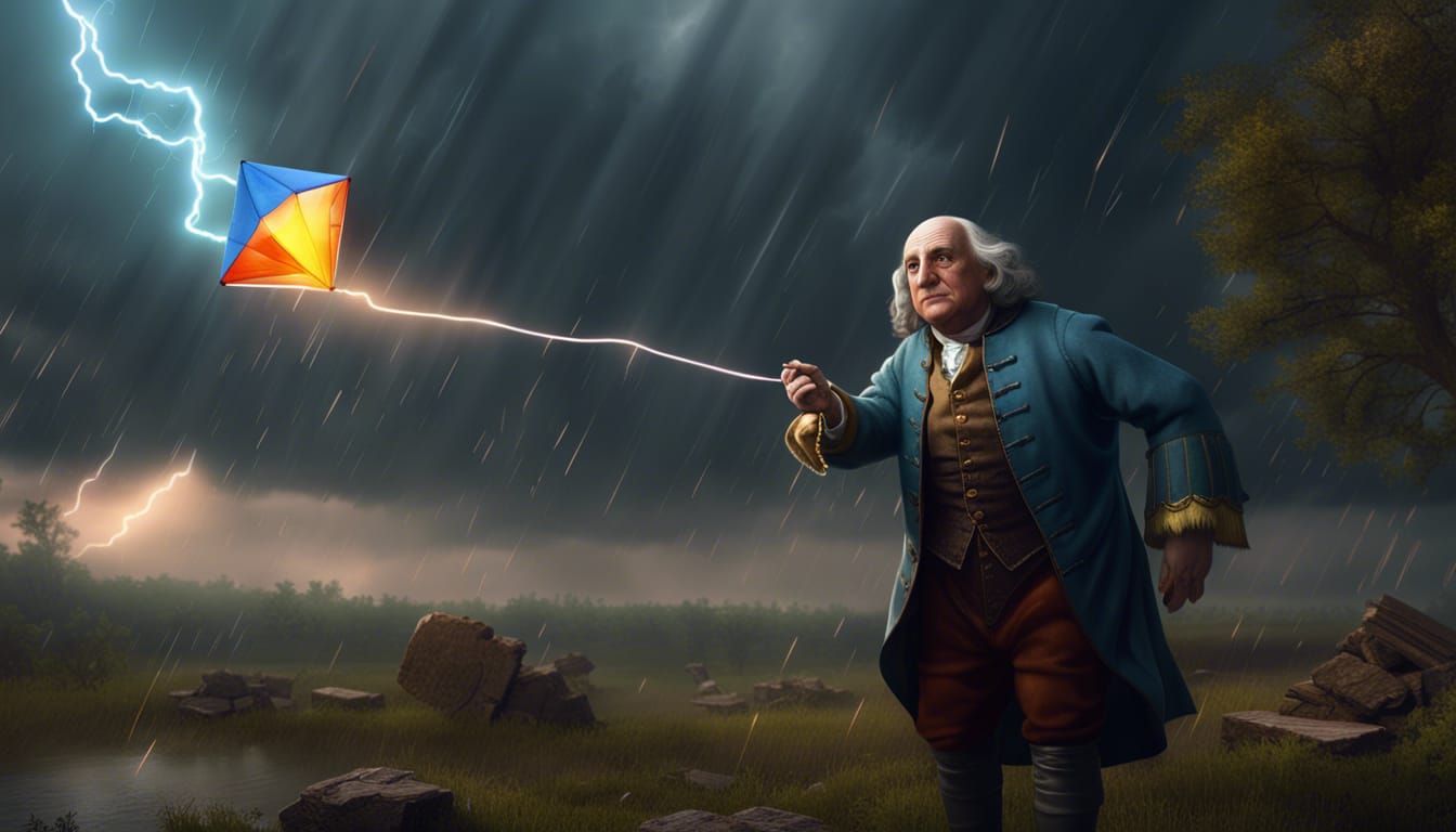 Benjamin Franklin flying a kite in a thunder storm - AI Generated Artwork - NightCafe Creator