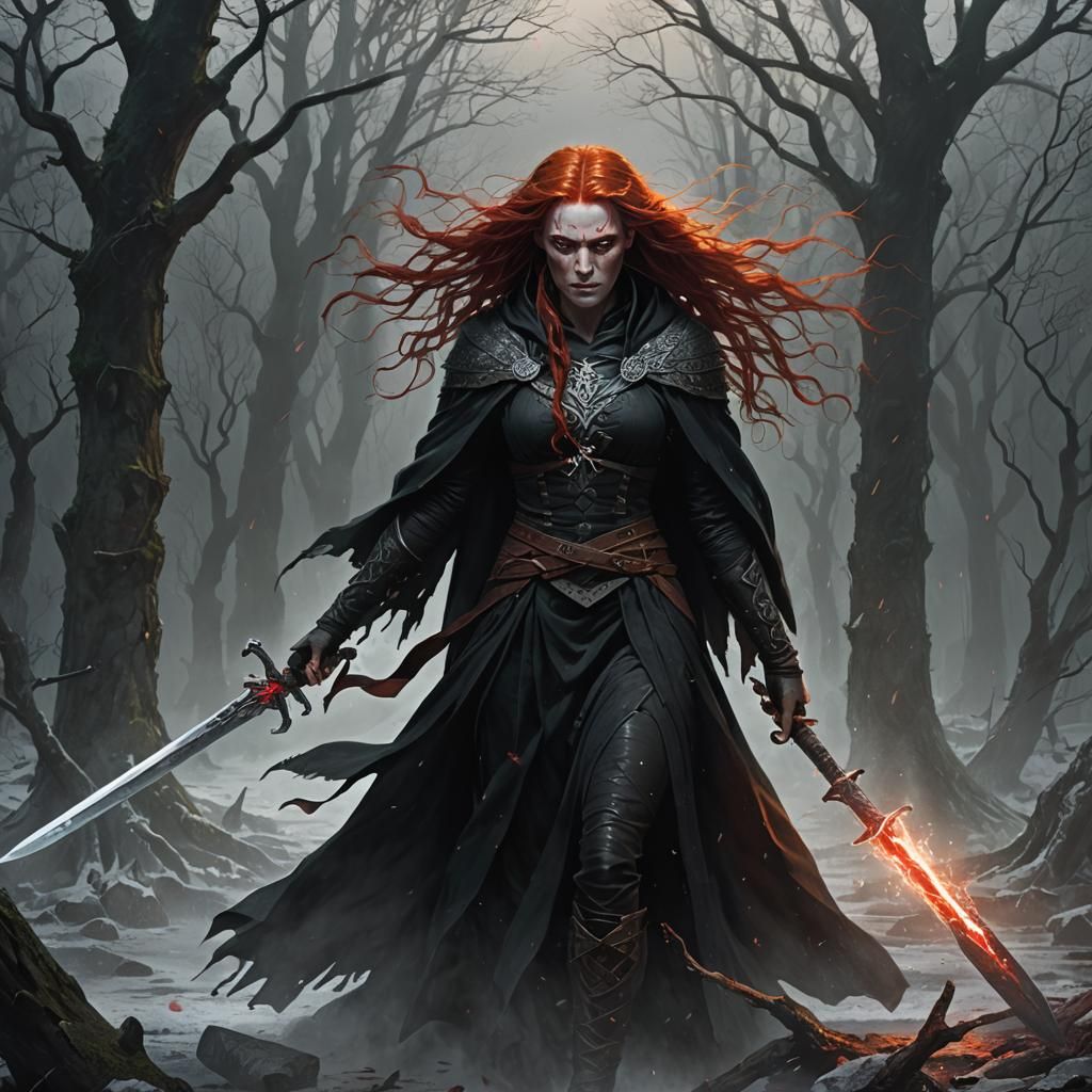 Irish Celtic Goddess Badb, her flowing red hair, h... - AI Art