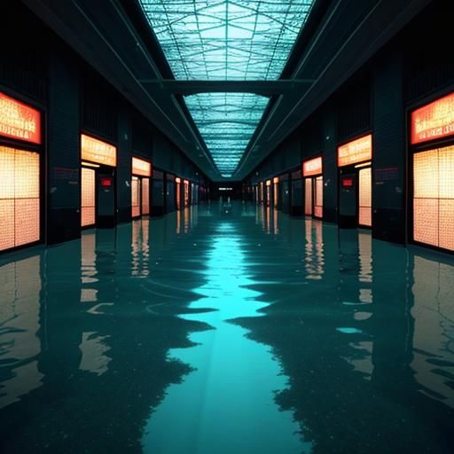 Liminal Abandoned_mall in a flooded with water Underwater_sand Infinity ...