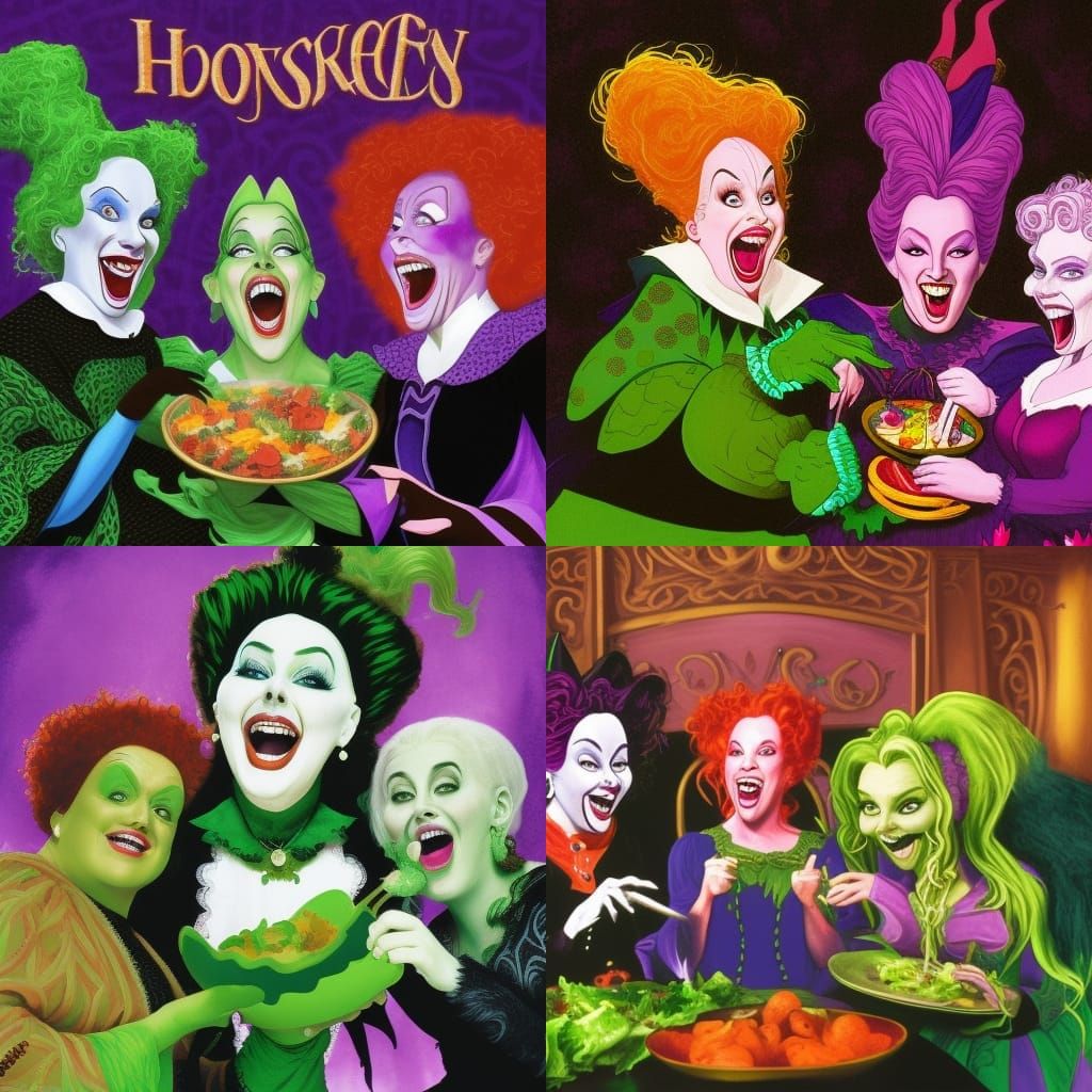 Hocus pocus Sanderson sisters laughing eating salad - AI Generated ...