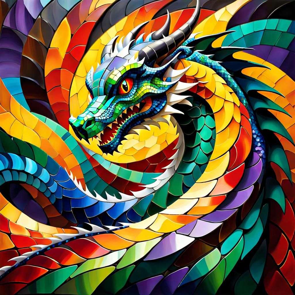 Dragon. Beautiful rustic mosaic patchwork, abstract, surreal, sharp ...