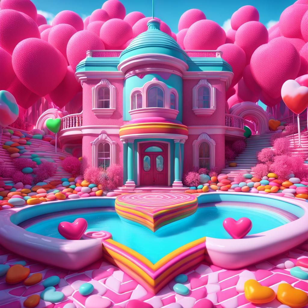 vaporwave candyland house with heart shaped pool filled with candy - AI Generated Artwork ...