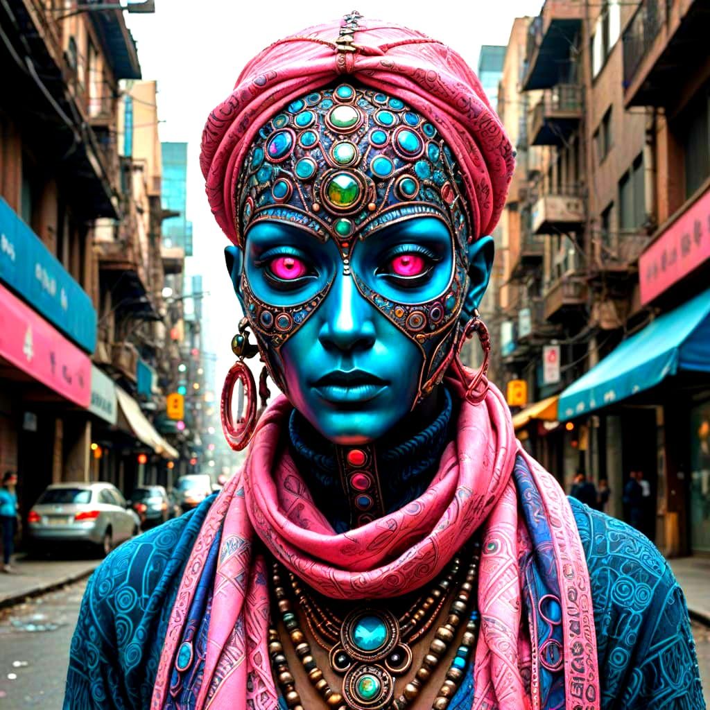 Alien-Like Figure in Iridescent Colors Amidst Dyst... - AI Art