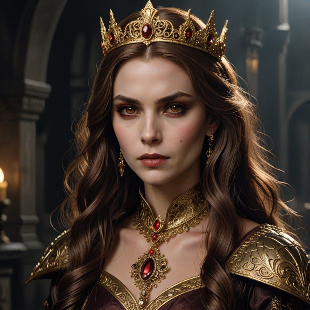 Regal Vampire Queen in Bronze and Gold Attire - AI Art