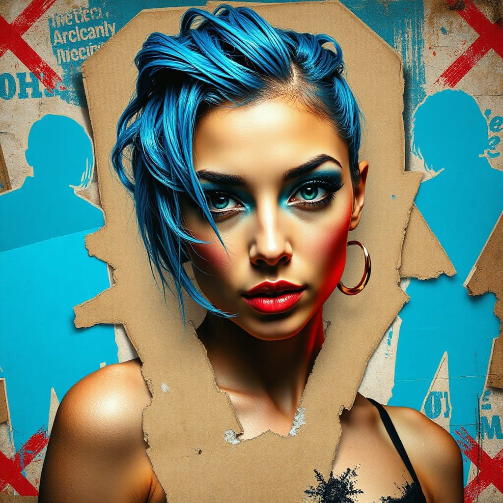 woman with blue hair, in the multi-layered collages