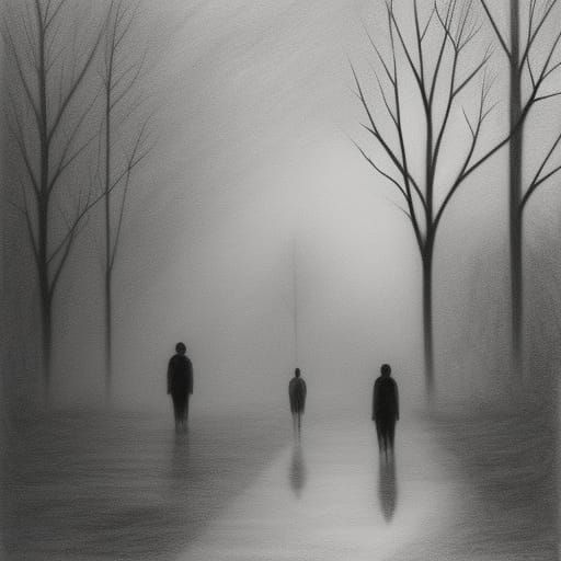 professional artist hyperdetailed charcoal drawing focusing on shadowy figures walking on a ...