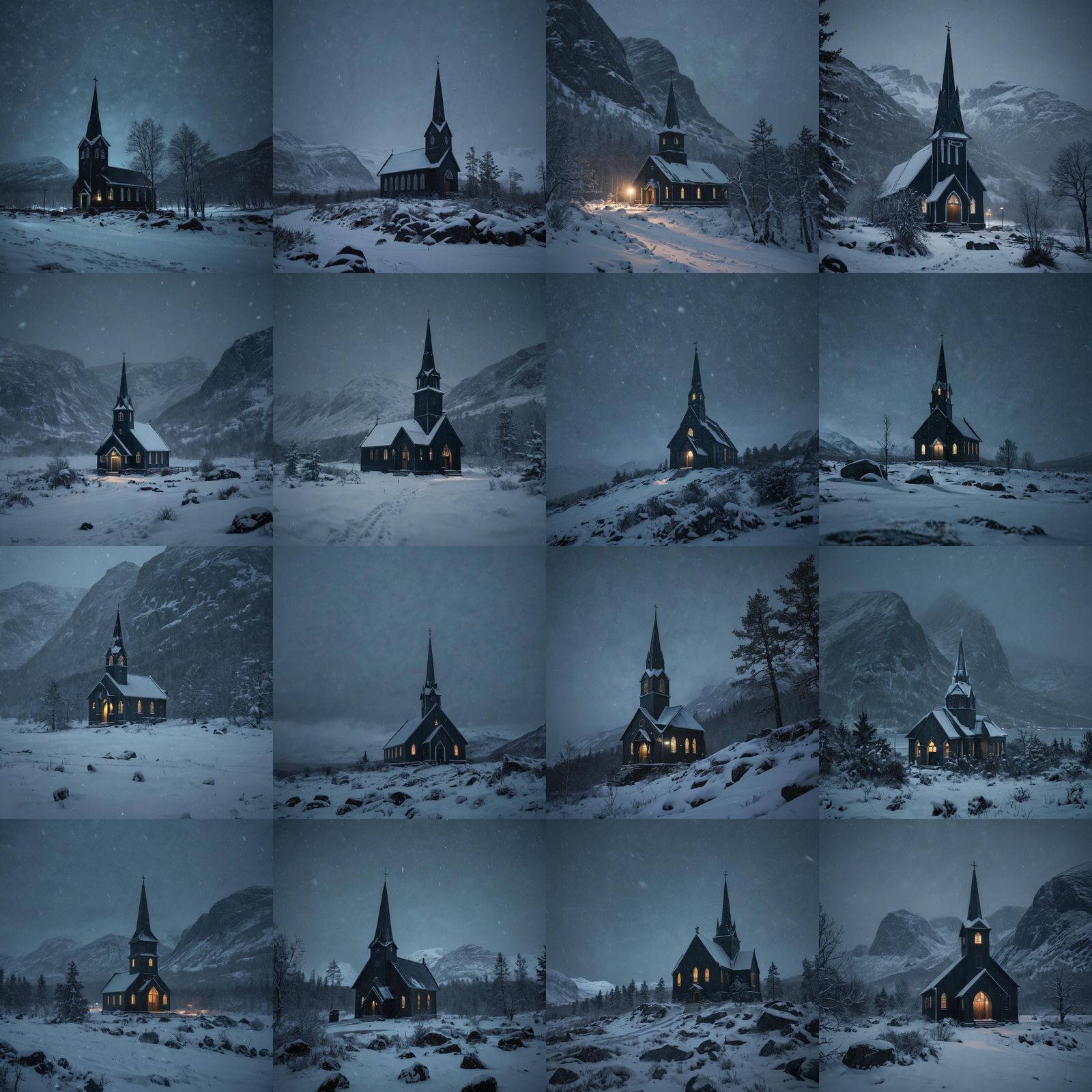 A foto of a church in a snowstorm in a deep forest in the snowy coastal ...