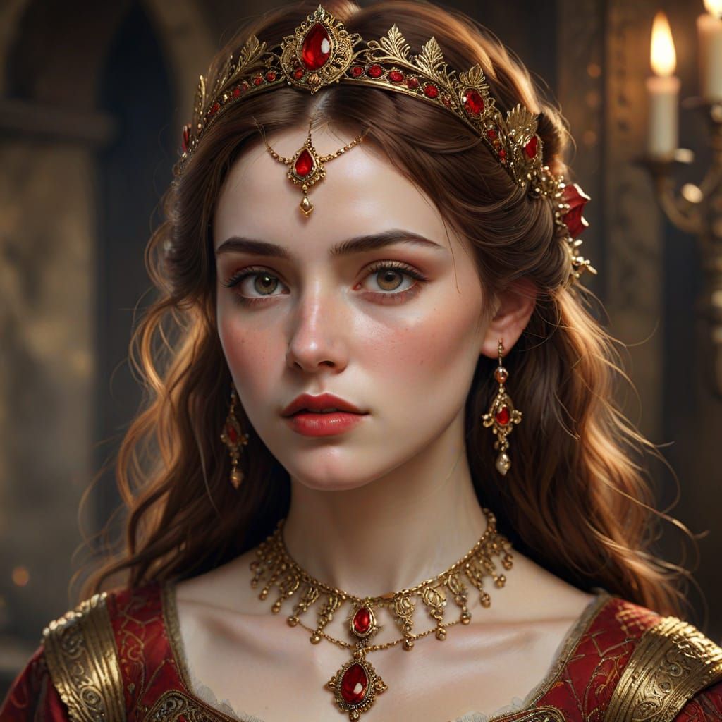 Regal Young Woman in Ornate Headpiece, Medieval Fa... - AI Art
