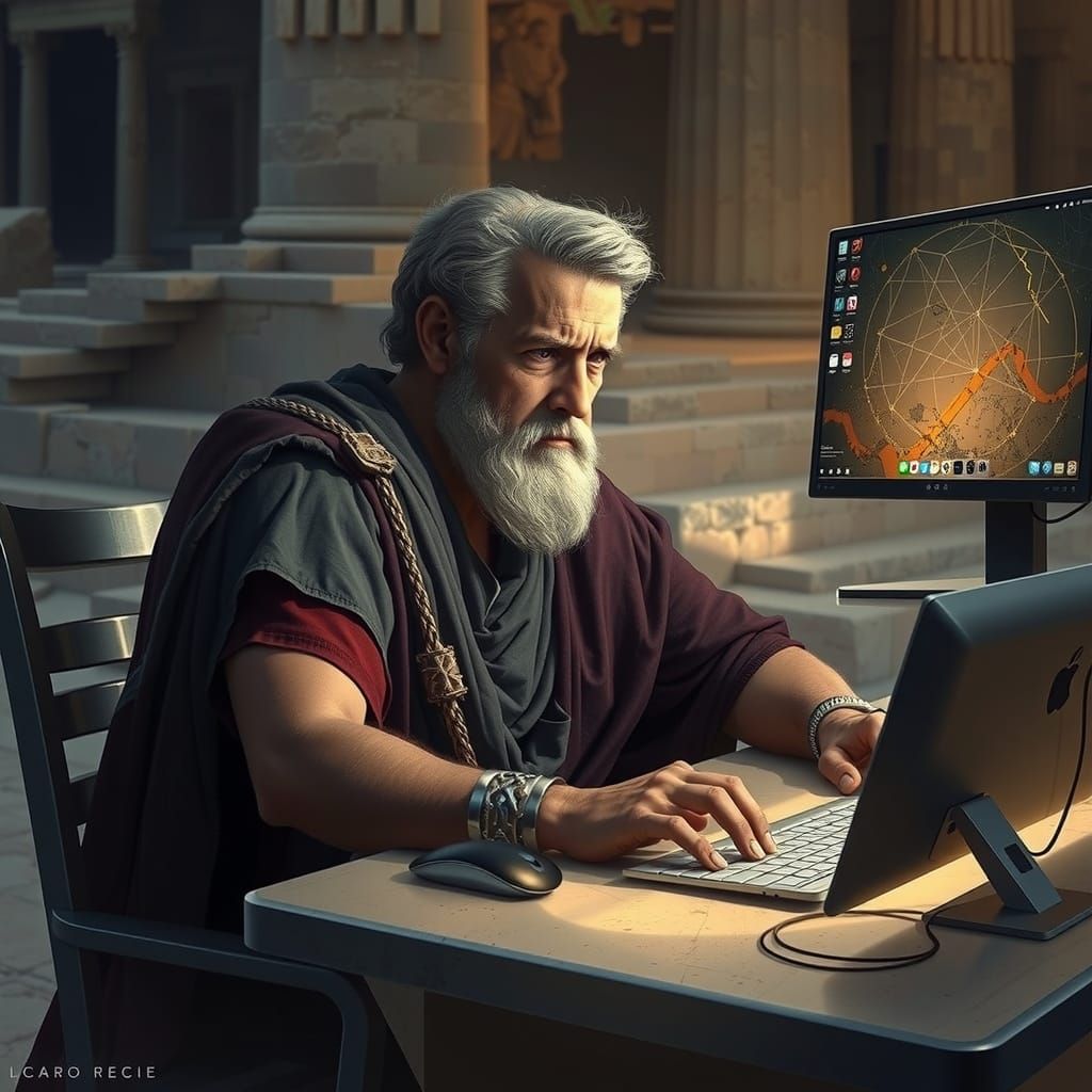 Greek Philosopher, Pythagoras, using a laptop Computer at a ruined ...