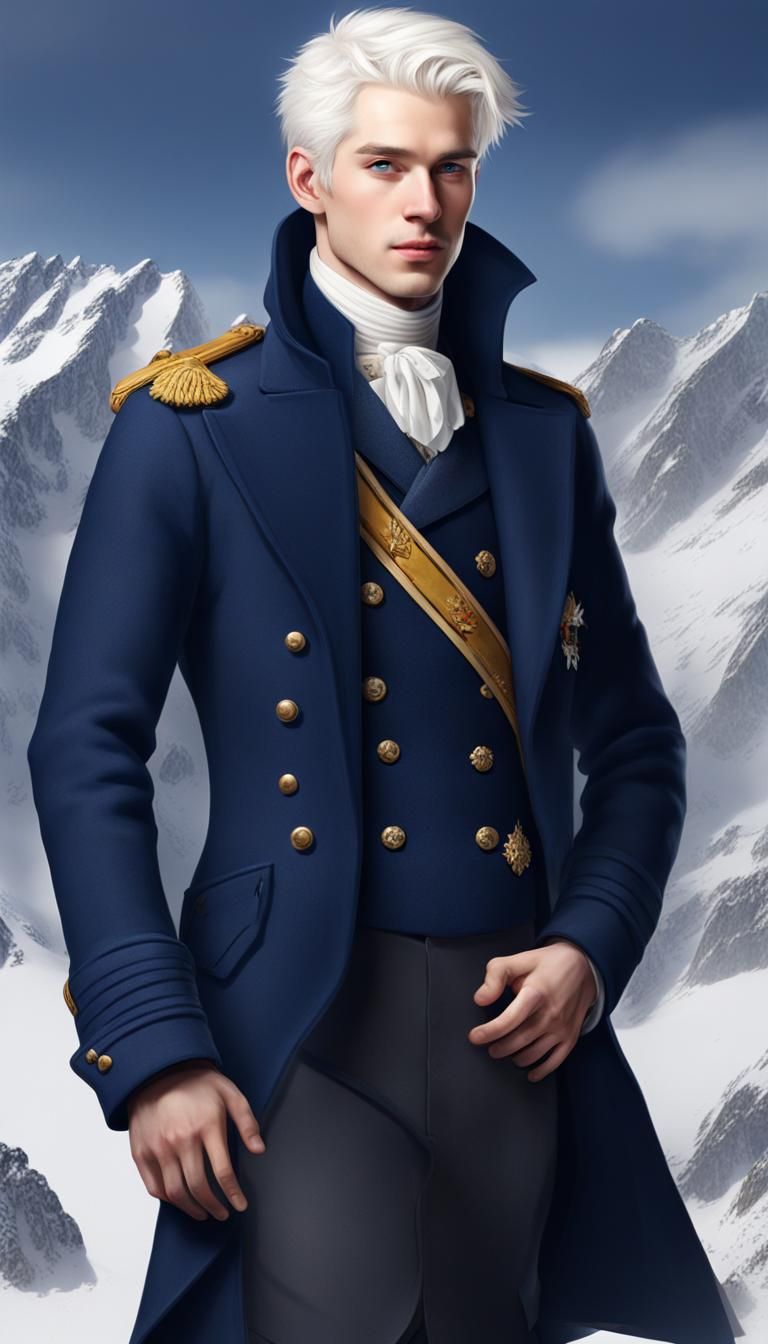 Full body portrait. He is a former prince in the snowy mountains. He is ...