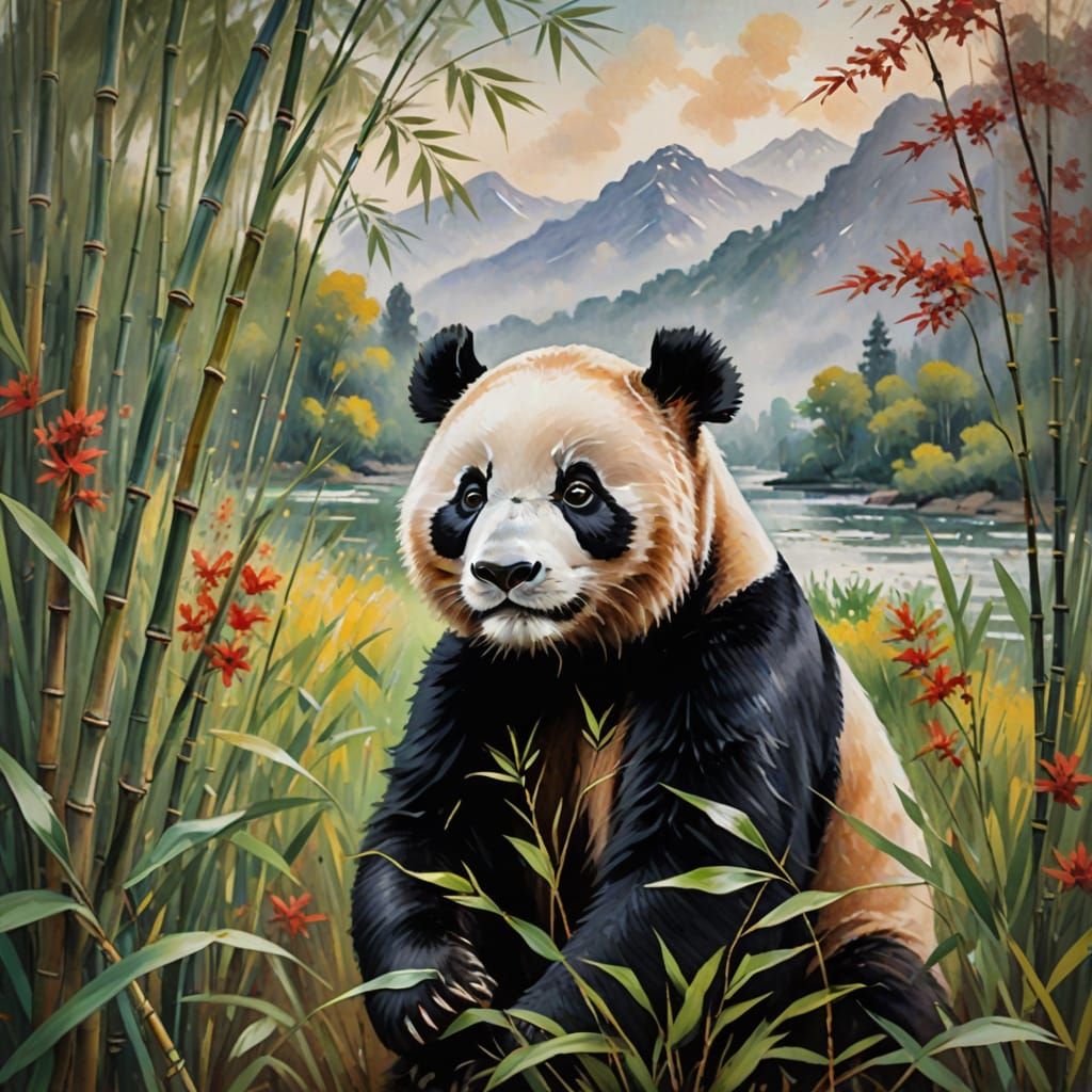 Impressionist Panda in Copper Leaf Foil Masterpiec... - AI Art