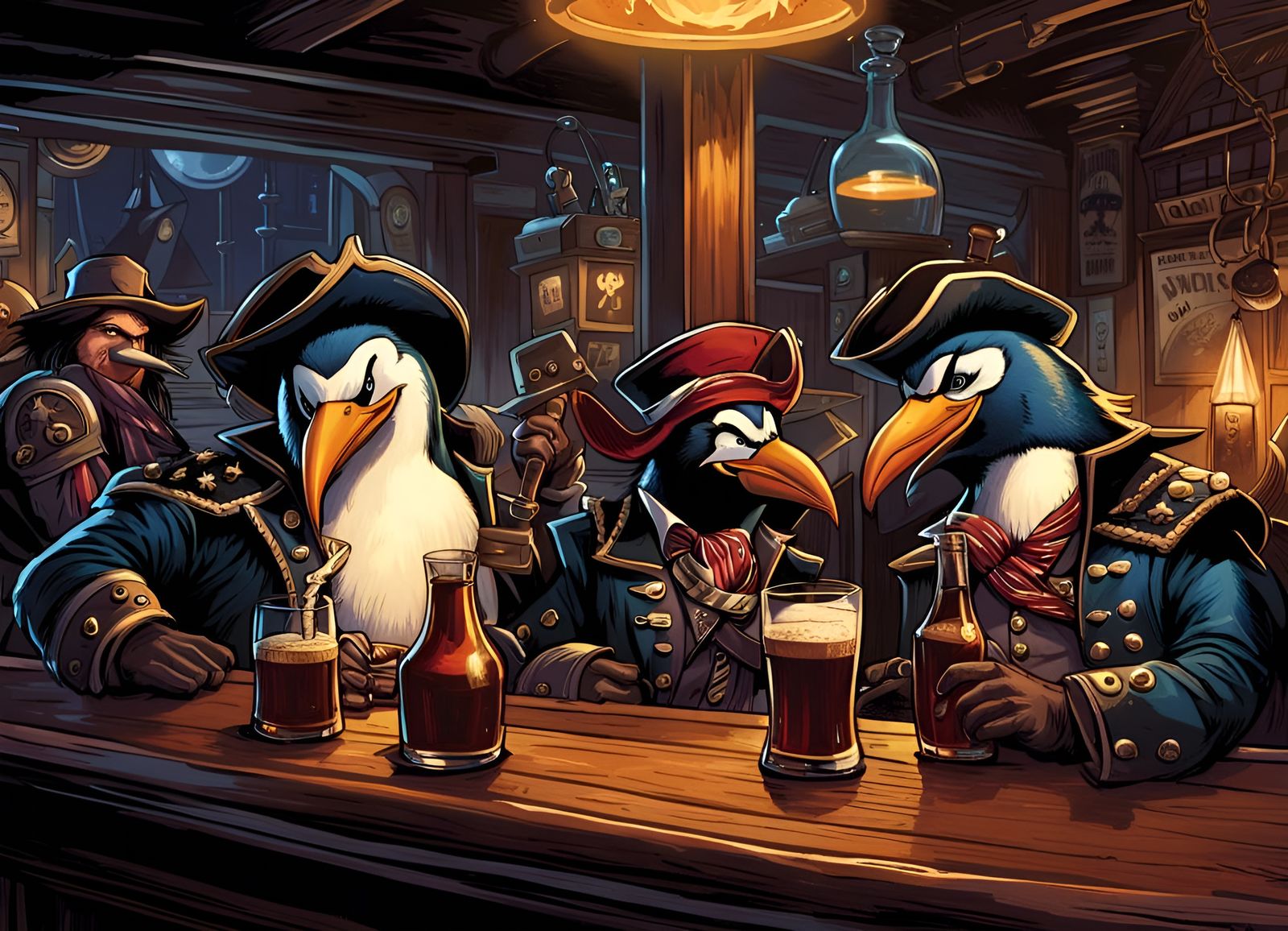 badass penguin pirates chilling in old style pub - AI Generated Artwork ...