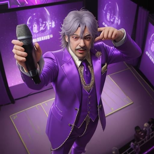a ugly man in a gaudy shiny purple suit standing at a microphone on a ...