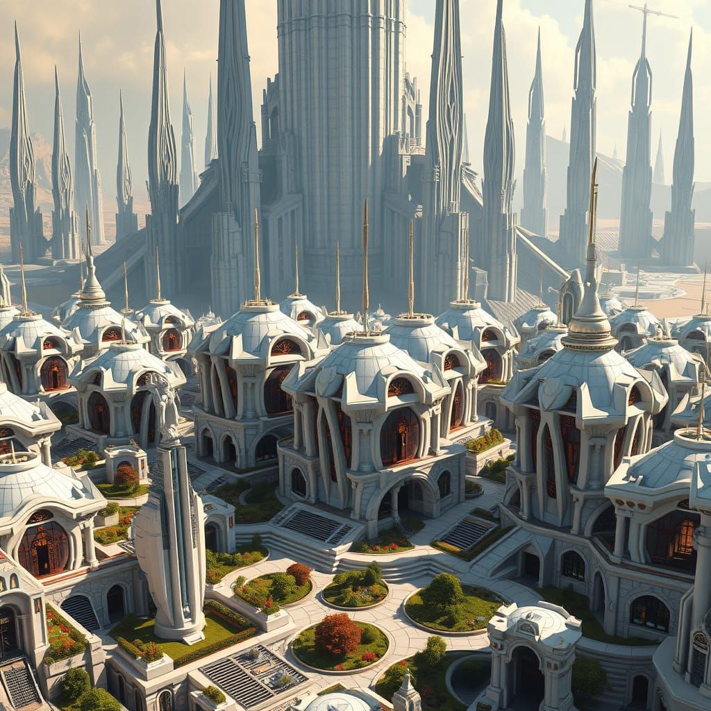 Full-view of a complex of very futuristic small buildings. Each ...