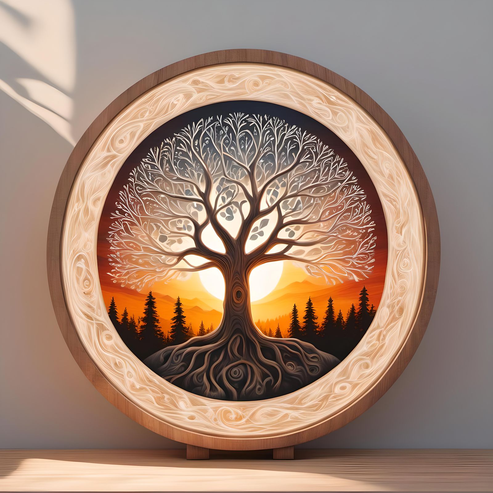 Scandinavian beautifull light tree of life in a wooden circle sunrise ...