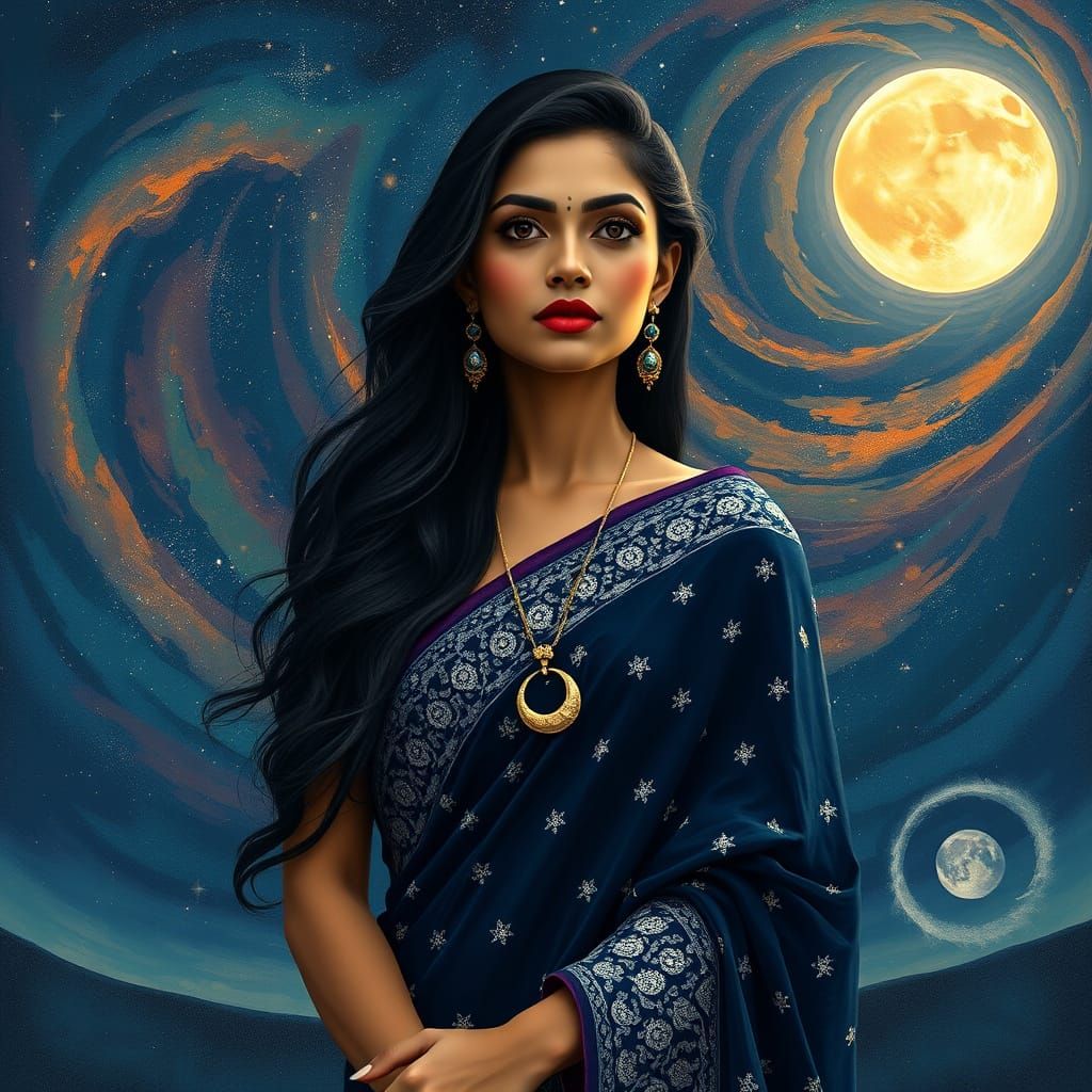 A striking Indian woman in a saree resembling the night sky stands in a ...