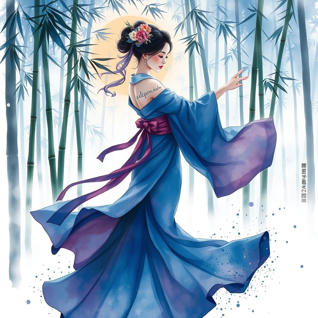 Dance of the bamboos - Ethereal Geisha Dancing in Misty Bamb...