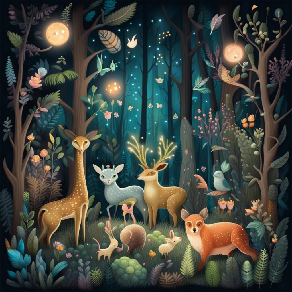 a whimsical forest scene where animals and plants have a magical glow ...