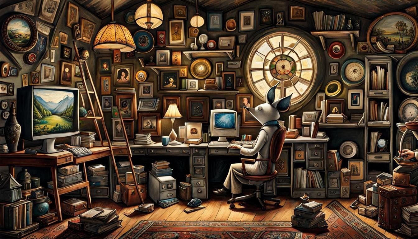 Working on the computer in the den : in art brut style by Tim Burton ...