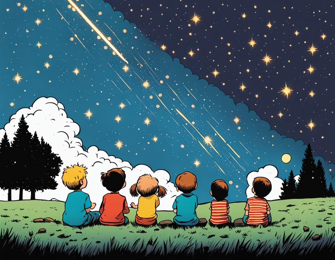 Colored ink comic of kids watching a meteor shower - AI Generated ...