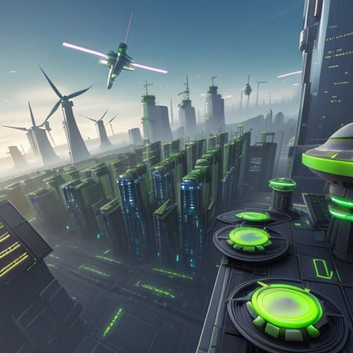 Solarpunk Cityscape with Solar Collectors and Wind... - AI Art