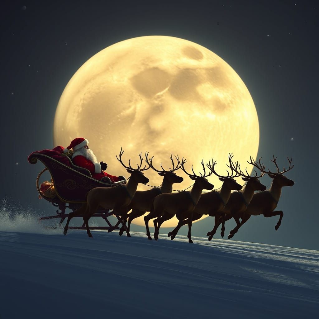 Santa's Sleigh Ride Under a Celestial Moon - AI Art