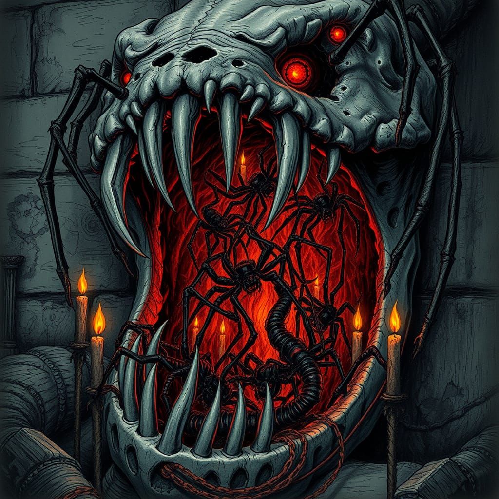 Spiders Emerge from Serpent's Skeleton in Haunting... - AI Art