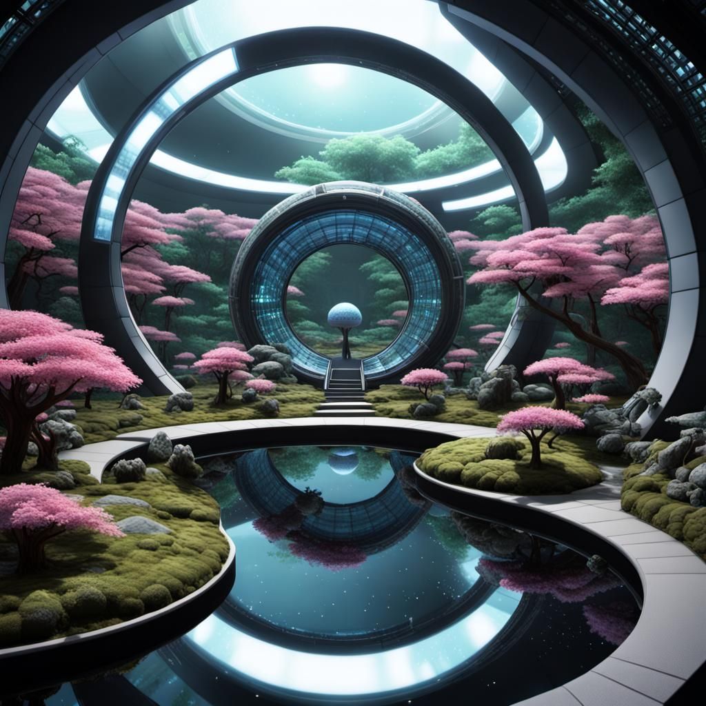 Alien French-Japanese garden inside toroidal space colony, "Stanford ...