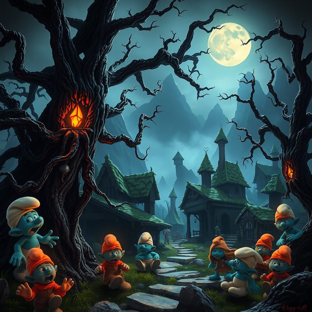 Lovecraftian Smurf Horror Village in Cyberpunk CGI - AI Art