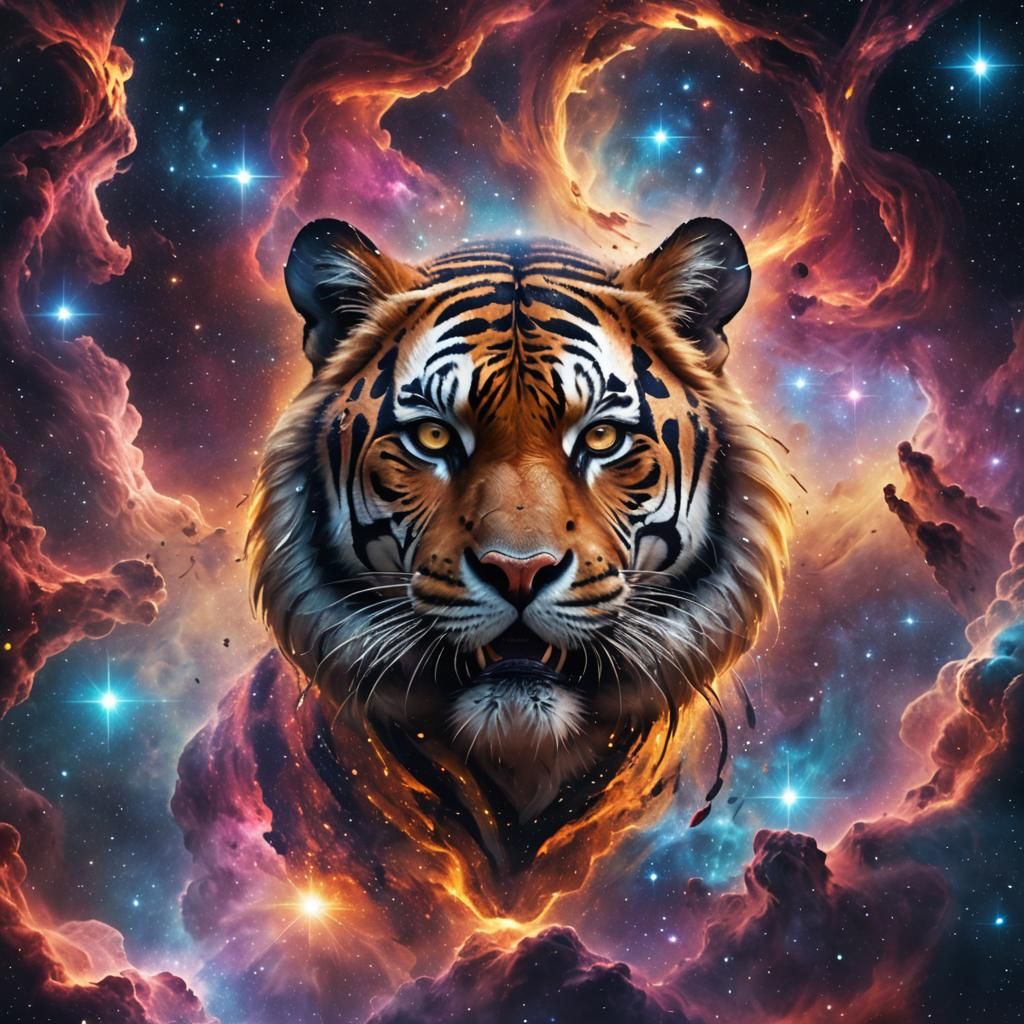 Beautiful cosmic tiger face in a nebula its face is make up of a bunch ...