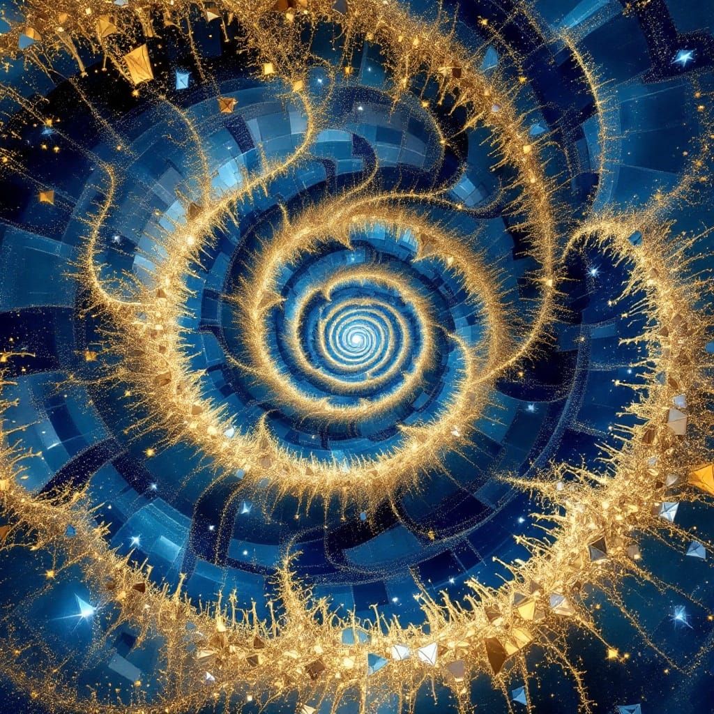 Infinite Crystal Vortex in Vibrant Gold and Blue - AI Art