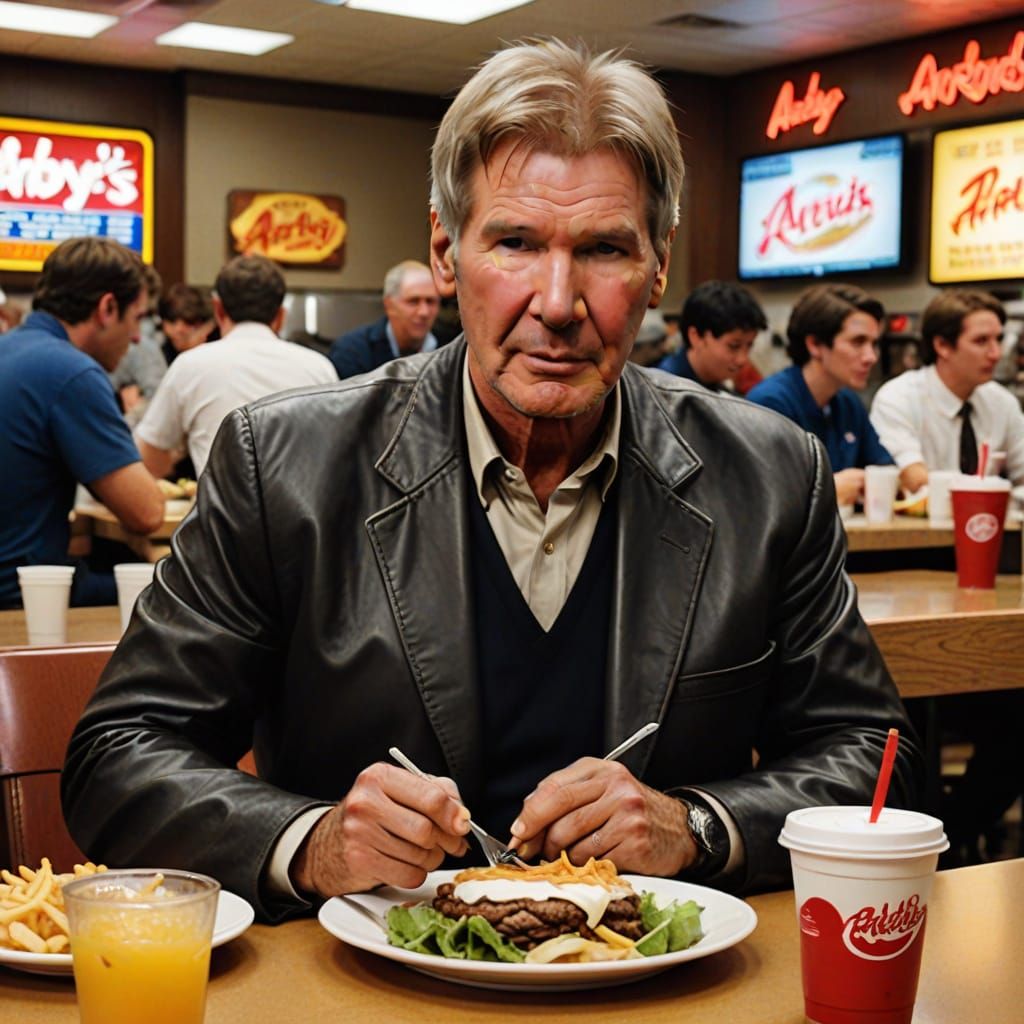 Harrison Ford as Dr. Richard Kimble enjoying a meal at Arby's