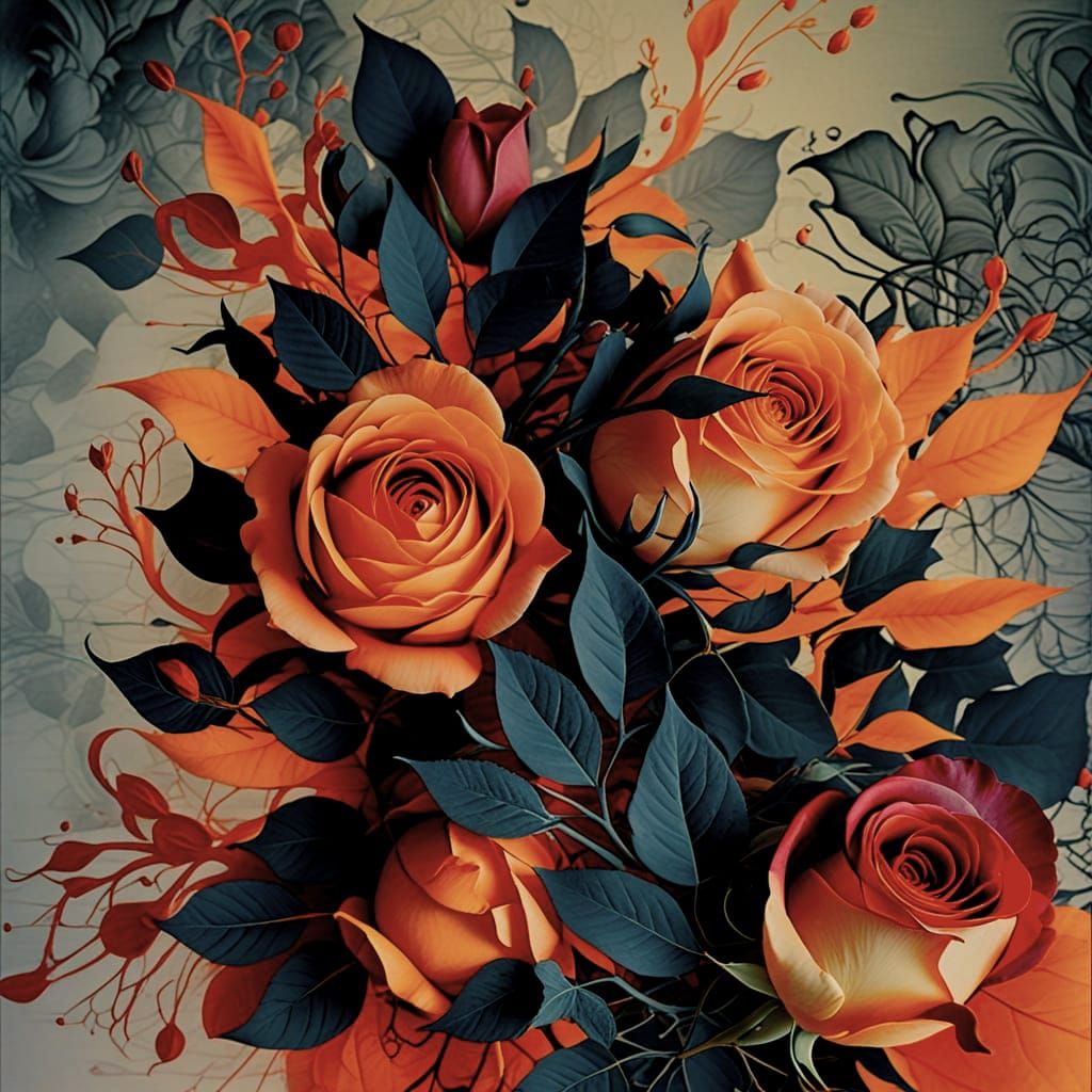 Ethereal Red Rose Symmetry in Organic Inkblot Styl... - AI Art