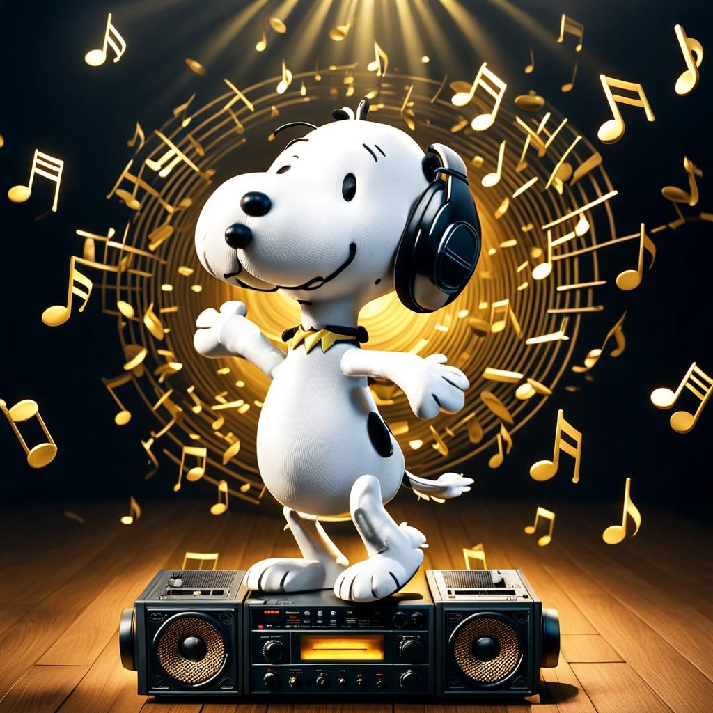 Snoopy dancing to music. Charlie Brown complained about the noise, so ...