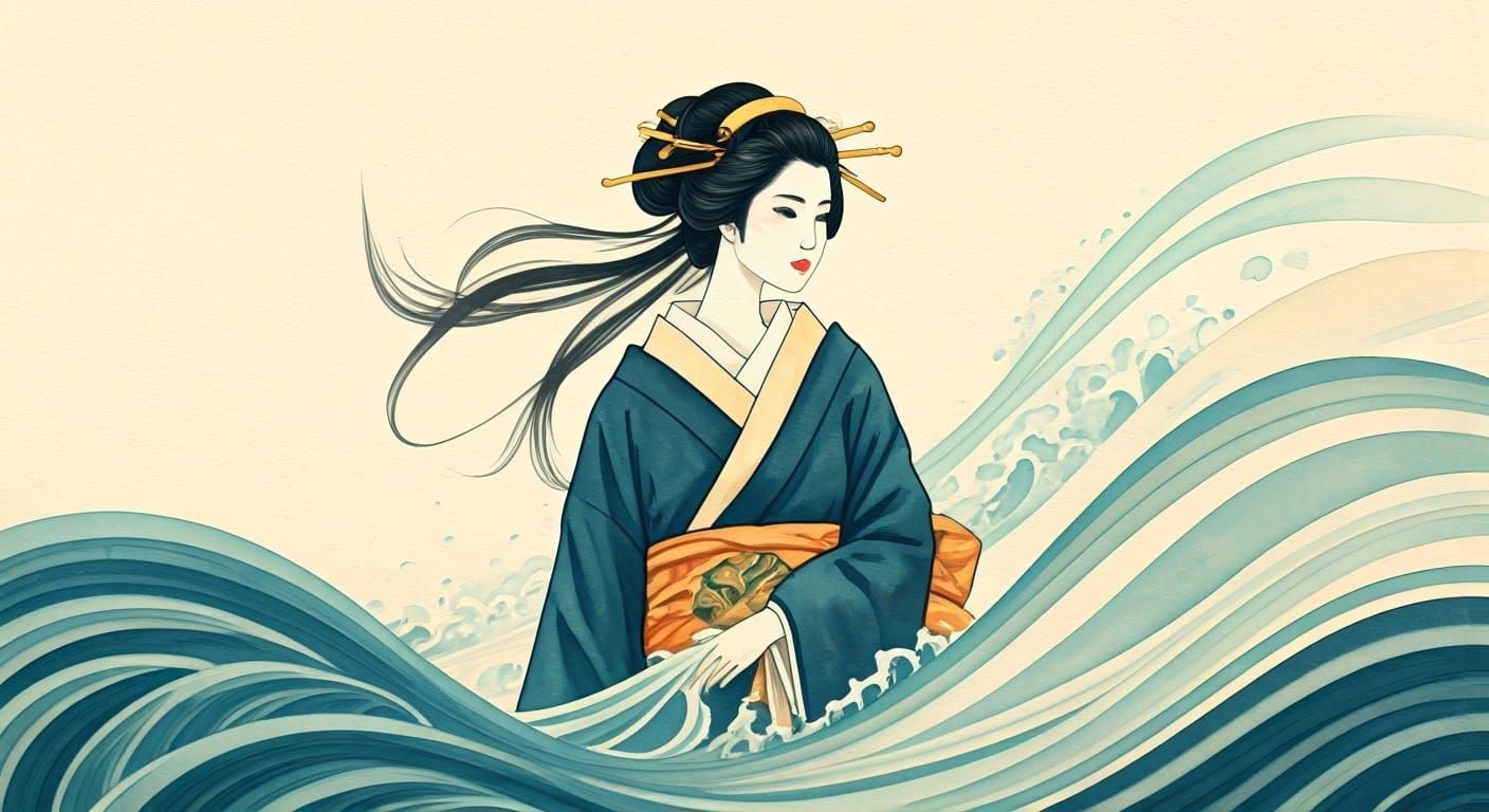 Ethereal Japanese Woman in Kimono with Ocean Waves - AI Art