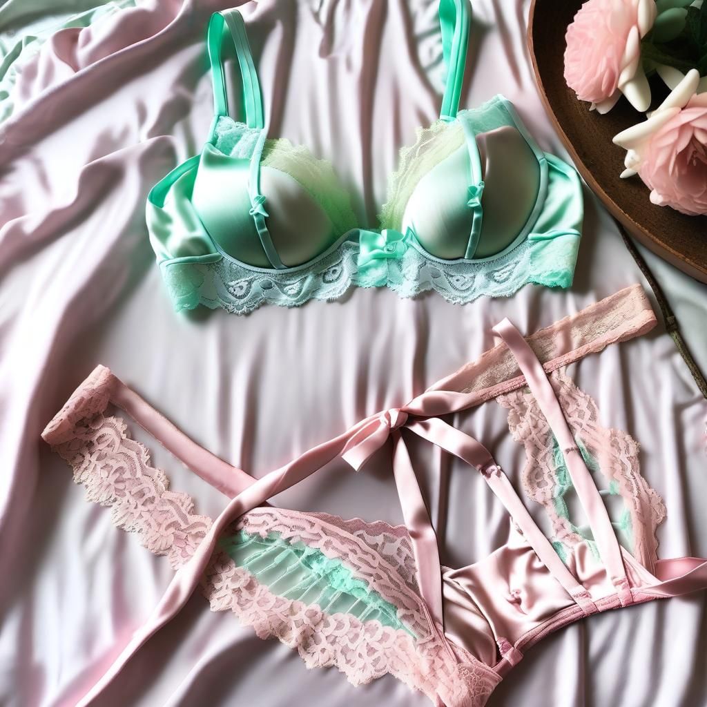 Silk balconette bra and matching thong panties. Pastel mint and pink ...