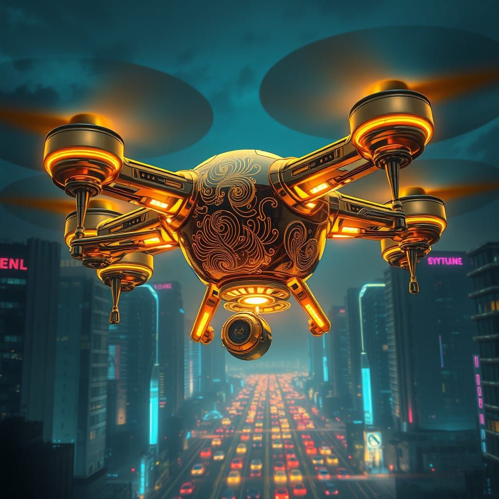 Cyberpunk Gold Drone in Neon Cityscape - AI Art