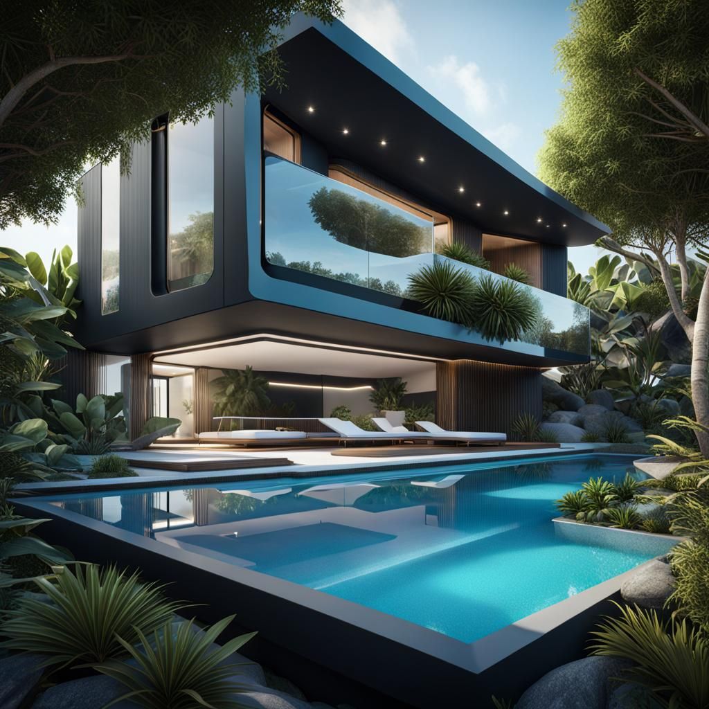 a perspecttive of a futuristic beach house with pool 14 meter weide ...