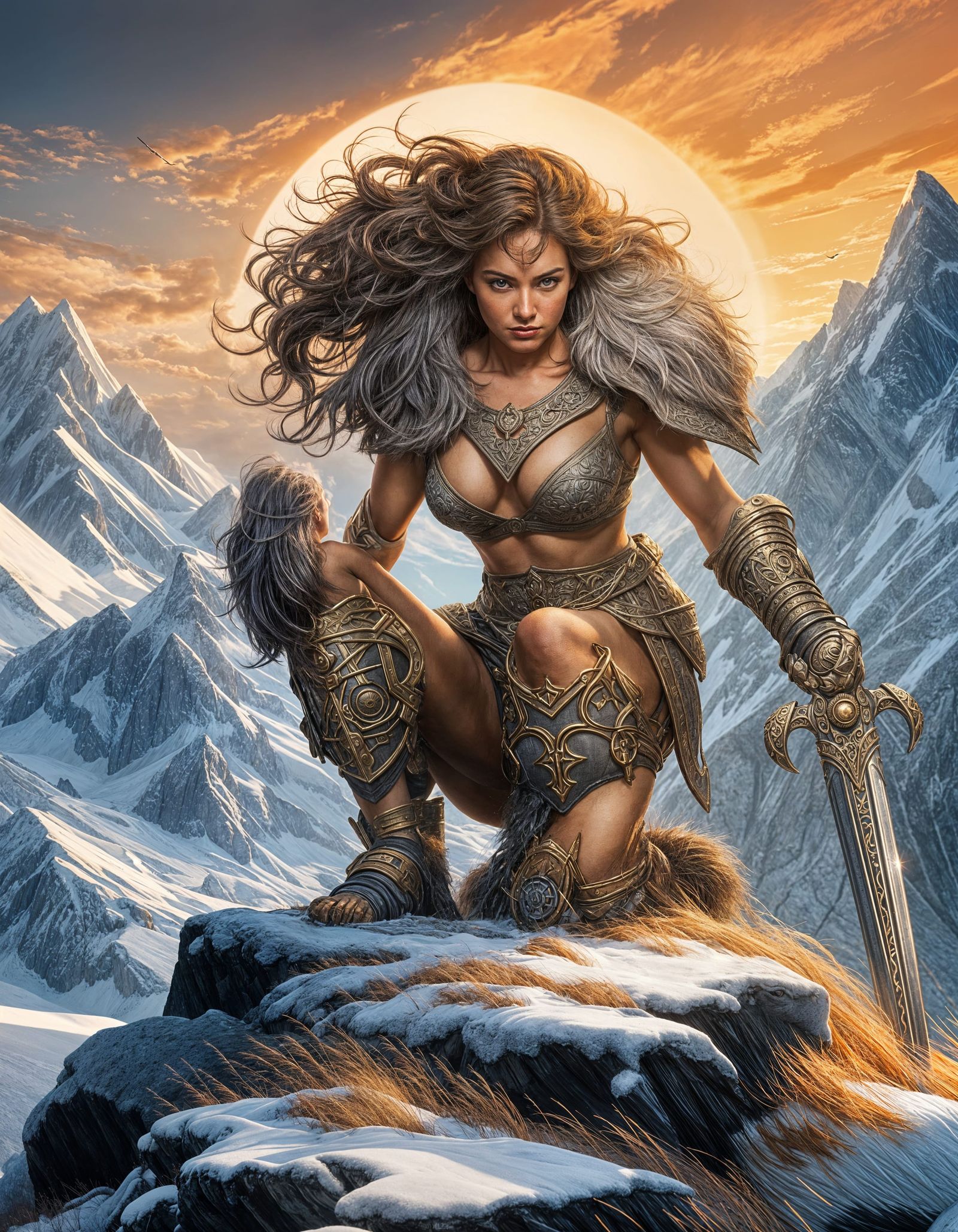 Stunning full-body color sketch of a strong and beautiful barbarian warrioress crouching. Fierce ...