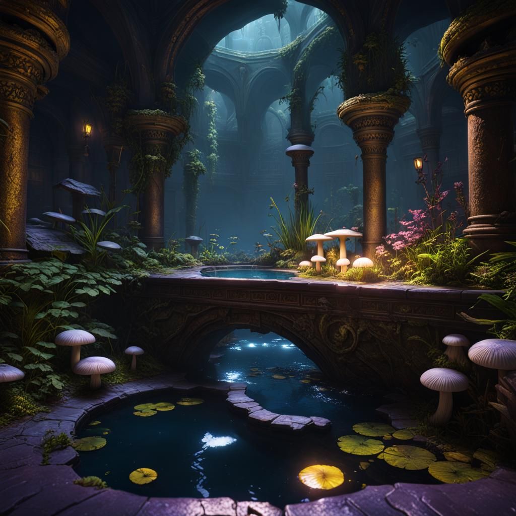 A Pool Of Water Inside A Dark Dungeon With Strange Plants And Mushrooms Everywhere Ai
