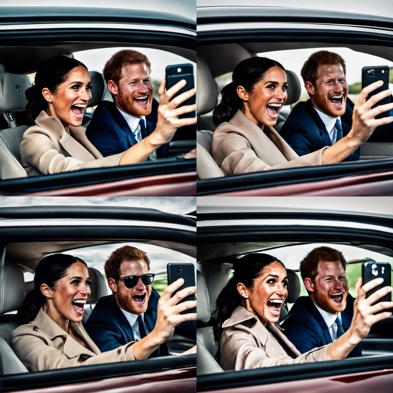 Meghan Markle and Prince Harry screaming in a car taking a selfie - AI ...