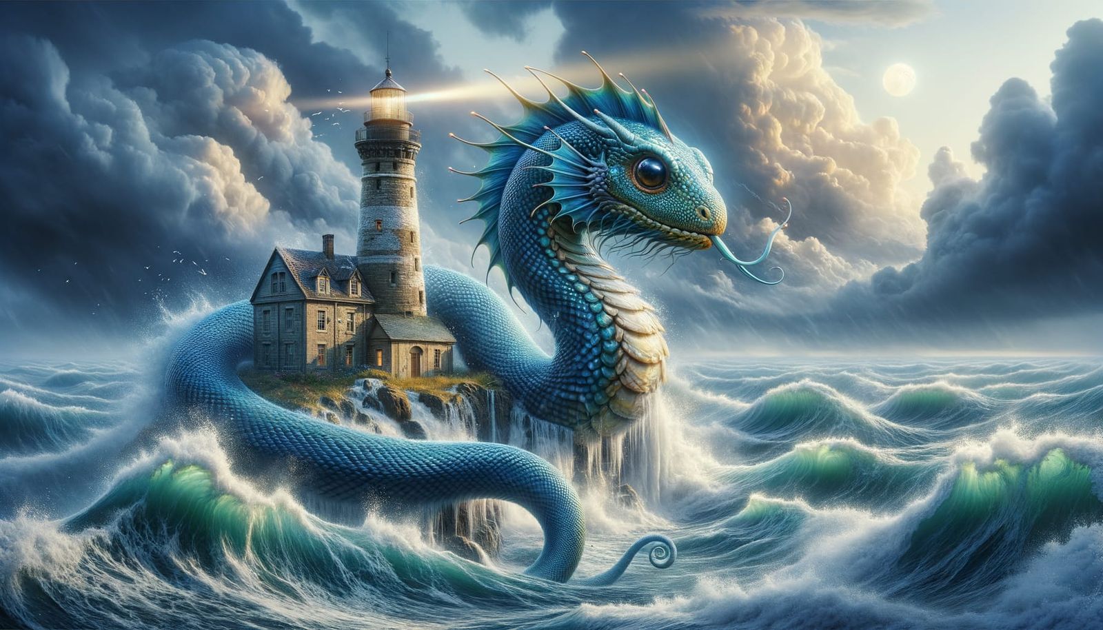 an adorable sea serpent coiled around an old lighthouse in a stormy sea ...
