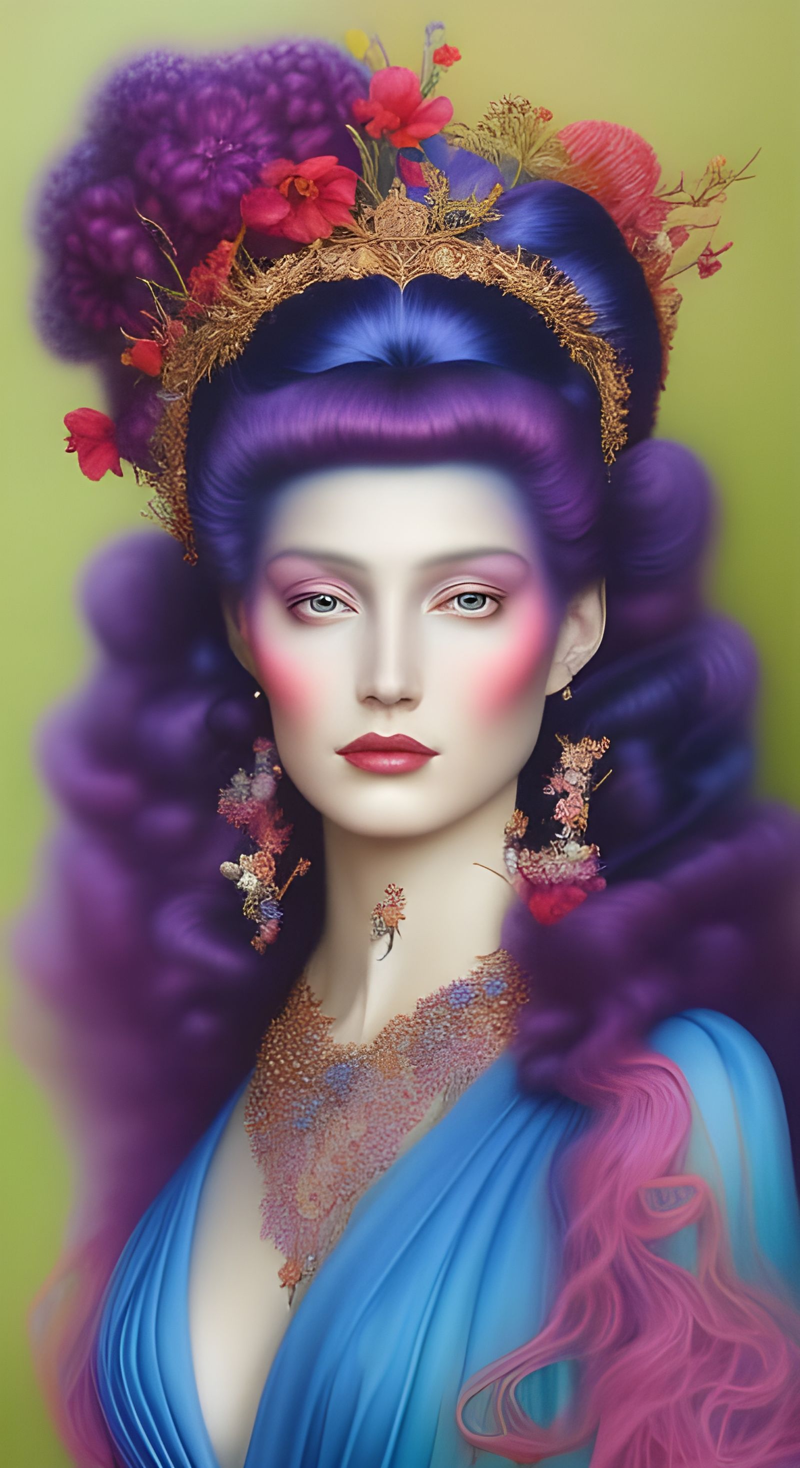 Portrait of beautiful wavy haired queen of flowers, art by Troy brooks ...