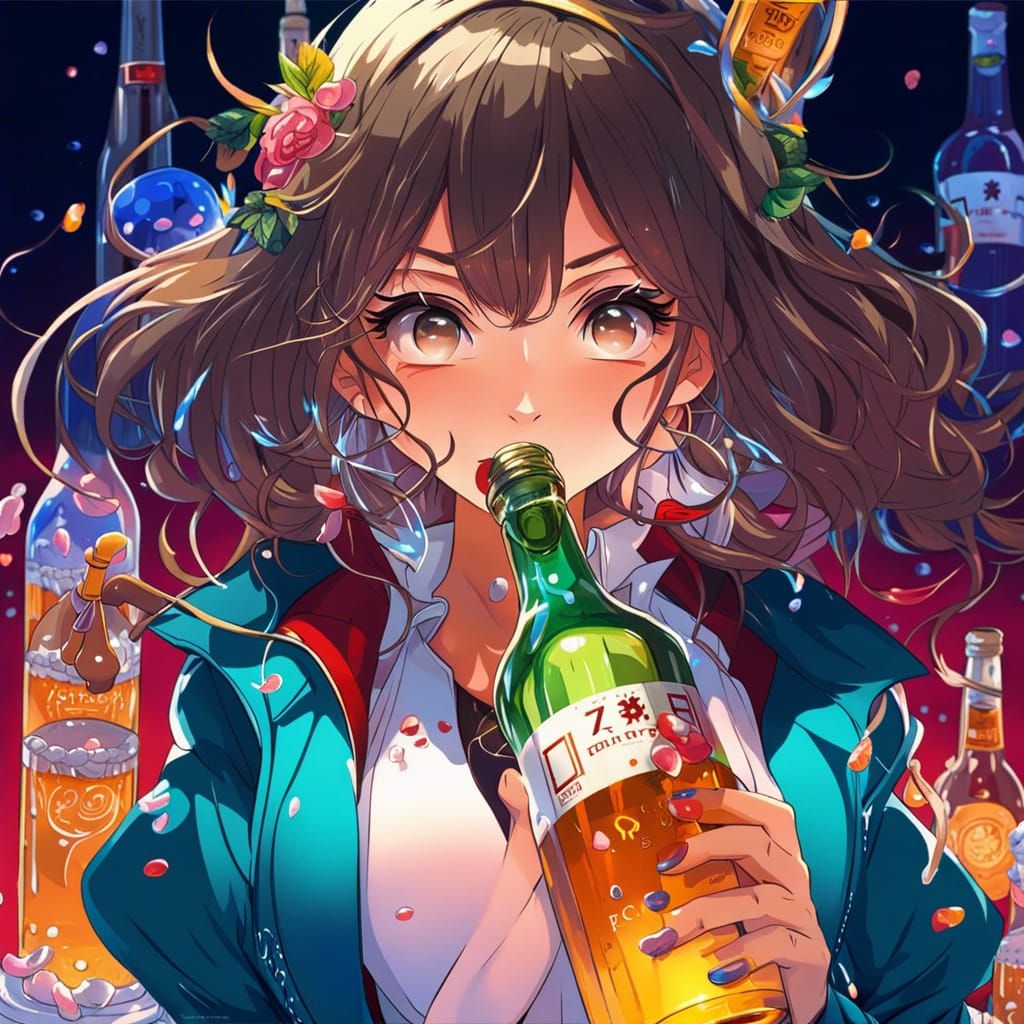 Drunk girl holding a bottle 🍺🍻🥂🍷🍹🍸🥃🥴😵‍💫 🥱😴Splash art anime portrait ...