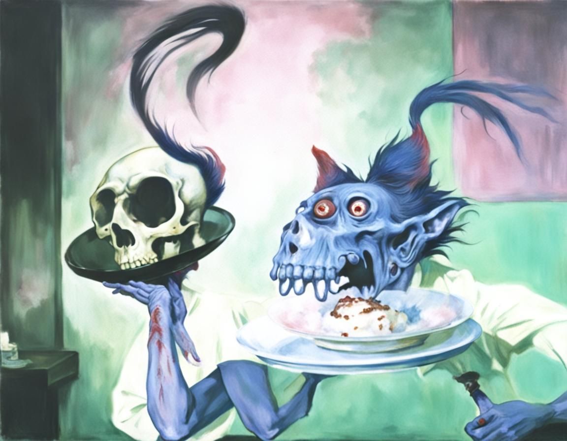 A Japanese werewolf display a human skull on a serving disc platter he ...